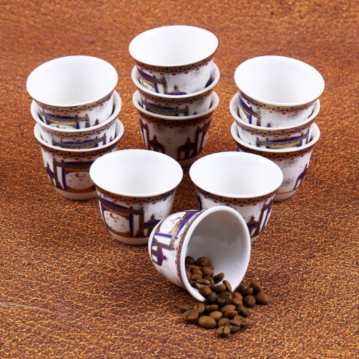 Buy Ceramic Cawa Cups Blue & Golden Mosque - 12 Pieces | توصيل Taw9eel.com