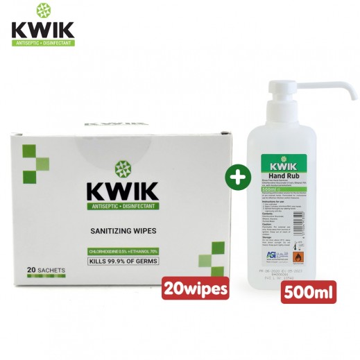 Buy Kwik Sanitizer 500 ml + Sanitizing Wipes 20 Pieces | توصيل Taw9eel.com